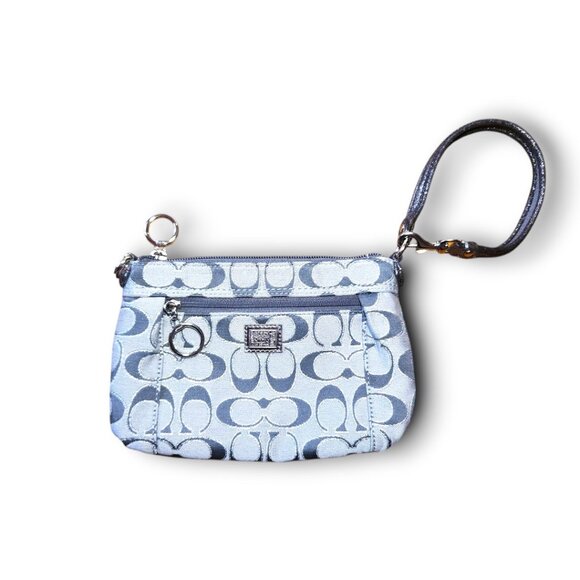 Coach | Bags | Coach X Poppy Silver Grey Monogram Logo Wristlet | Poshmark